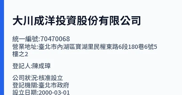 大川成洋投資股份有限公司的照片-統編 70470068(臺北市) 公司登記資料與營業項目詳細圖表