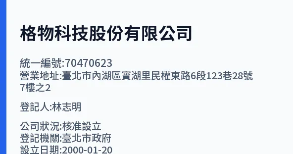 格物科技股份有限公司的照片-統編 70470623(臺北市) 公司登記資料與營業項目詳細圖表