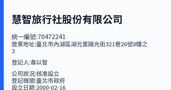 慧智旅行社股份有限公司的照片-統編 70472241(臺北市) 公司登記資料與營業項目詳細圖表