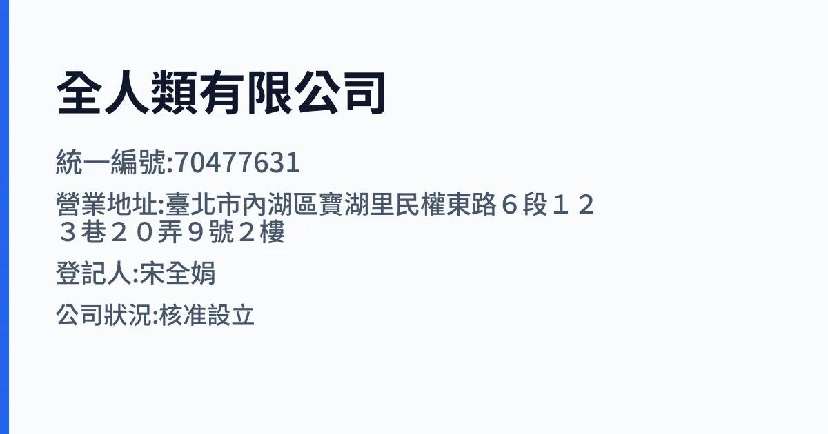 全人類有限公司 - 統編 70477631(臺北市) 公司登記資料與營業項目詳細圖表