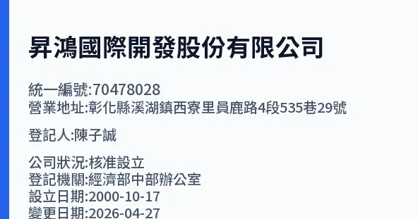 昇鴻國際開發股份有限公司的照片-統編 70478028(彰化縣) 公司登記資料與營業項目詳細圖表
