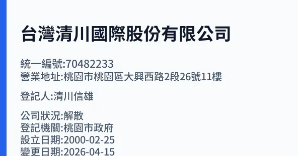 台灣清川國際股份有限公司的照片-統編 70482233(桃園市) 公司登記資料與營業項目詳細圖表