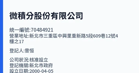 微積分股份有限公司的照片-統編 70484921(新北市) 公司登記資料與營業項目詳細圖表