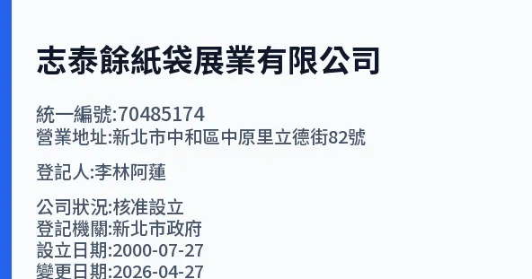 志泰餘紙袋展業有限公司的照片-統編 70485174(新北市) 公司登記資料與營業項目詳細圖表