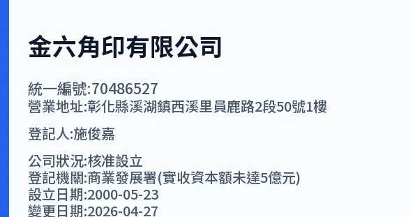金六角印有限公司的照片-統編 70486527(彰化縣) 公司登記資料與營業項目詳細圖表