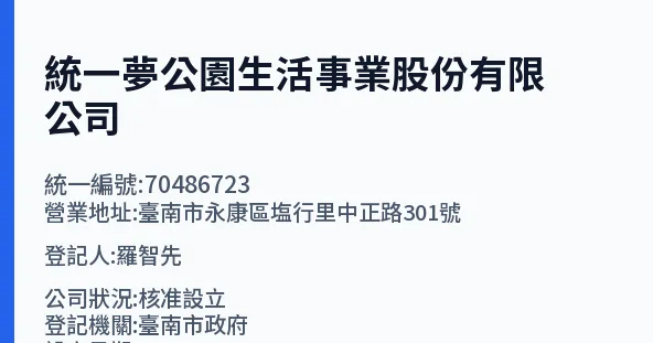 統一夢公園生活事業股份有限公司的照片-統編 70486723(臺南市) 公司登記資料與營業項目詳細圖表