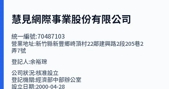 慧見網際事業股份有限公司的照片-統編 70487103(新竹縣) 公司登記資料與營業項目詳細圖表