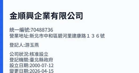 金順興企業有限公司的照片-統編 70488736(新北市) 公司登記資料與營業項目詳細圖表