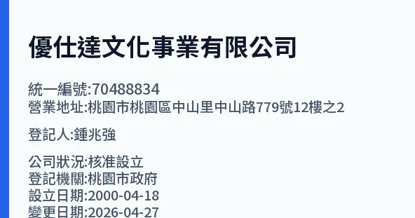 優仕達文化事業有限公司的照片-統編 70488834(桃園市) 公司登記資料與營業項目詳細圖表
