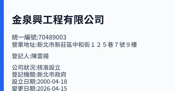 金泉興工程有限公司的照片-統編 70489003(新北市) 公司登記資料與營業項目詳細圖表