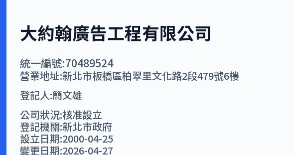 大約翰廣告工程有限公司的照片-統編 70489524(新北市) 公司登記資料與營業項目詳細圖表