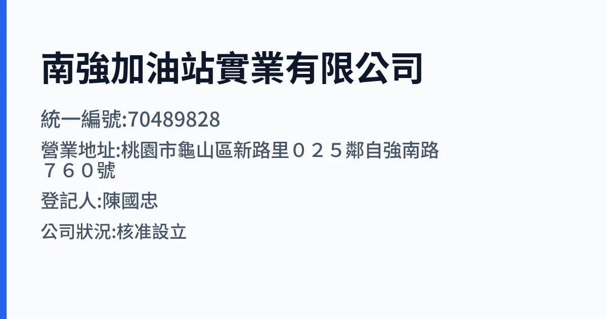 南強加油站實業有限公司 - 統編 70489828(桃園市) 公司登記資料與營業項目詳細圖表