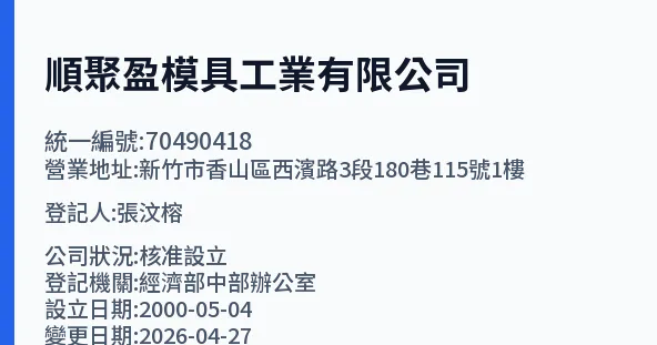 順聚盈模具工業有限公司的照片-統編 70490418(新竹市) 公司登記資料與營業項目詳細圖表