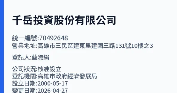 千岳投資股份有限公司的照片-統編 70492648(高雄市) 公司登記資料與營業項目詳細圖表