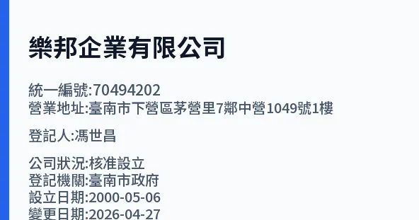 樂邦企業有限公司的照片-統編 70494202(臺南市) 公司登記資料與營業項目詳細圖表