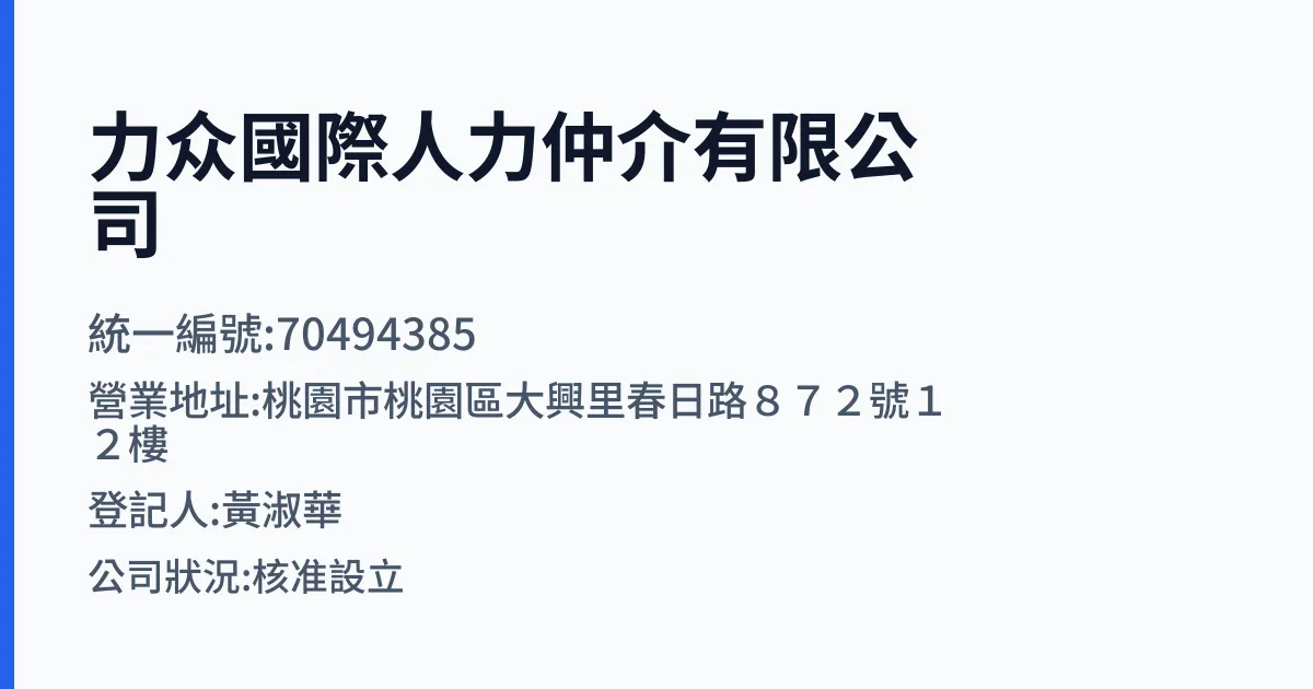 力众國際人力仲介有限公司 - 統編 70494385(桃園市) 公司登記資料與營業項目詳細圖表
