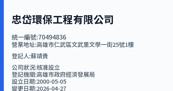 忠岱環保工程有限公司的照片-統編 70494836(高雄市) 公司登記資料與營業項目詳細圖表