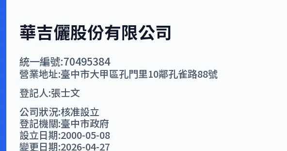 華吉儷股份有限公司的照片-統編 70495384(臺中市) 公司登記資料與營業項目詳細圖表