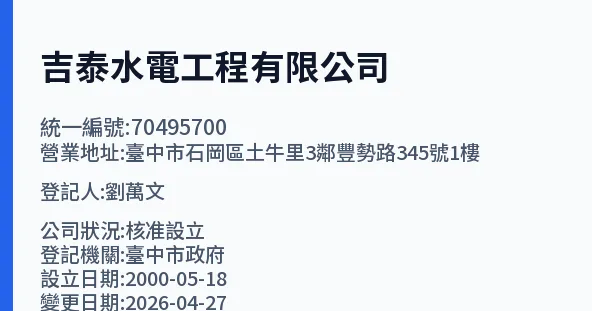 吉泰水電工程有限公司的照片-統編 70495700(臺中市) 公司登記資料與營業項目詳細圖表
