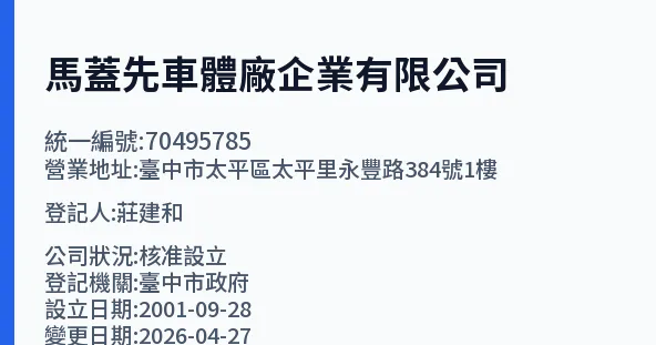 馬蓋先車體廠企業有限公司的照片-統編 70495785(臺中市) 公司登記資料與營業項目詳細圖表