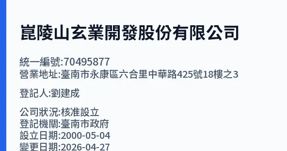 崑陵山玄業開發股份有限公司的照片-統編 70495877(臺南市) 公司登記資料與營業項目詳細圖表