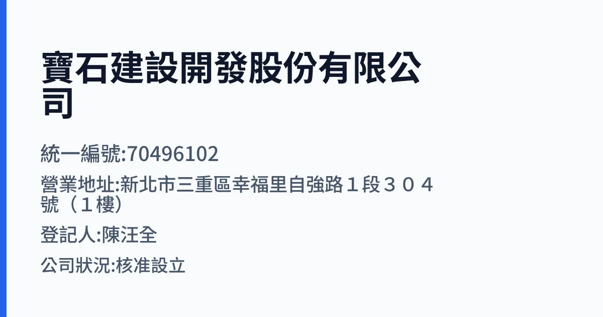 寶石建設開發股份有限公司 - 統編 70496102(新北市) 公司登記資料與營業項目詳細圖表