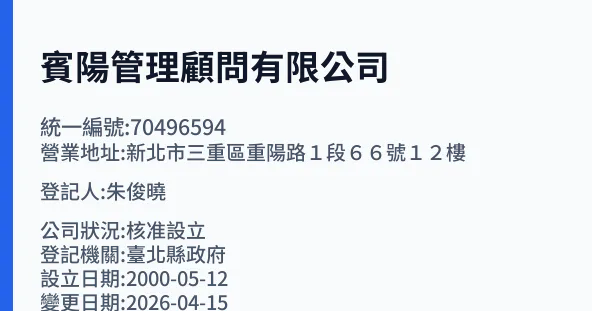 賓陽管理顧問有限公司的照片-統編 70496594(新北市) 公司登記資料與營業項目詳細圖表