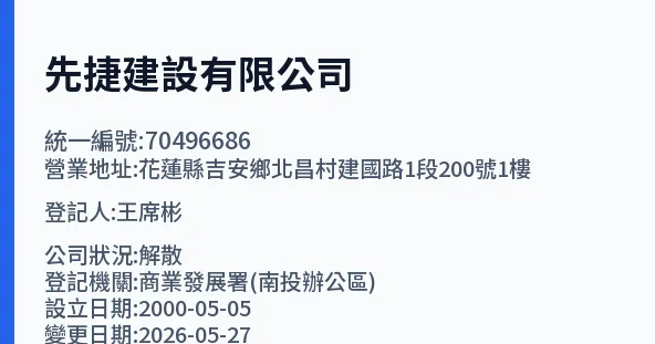 先捷建設有限公司的照片-統編 70496686(花蓮縣) 公司登記資料與營業項目詳細圖表