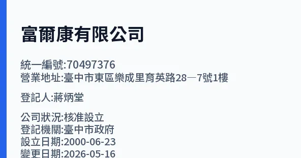 富爾康有限公司的照片-統編 70497376(臺中市) 公司登記資料與營業項目詳細圖表
