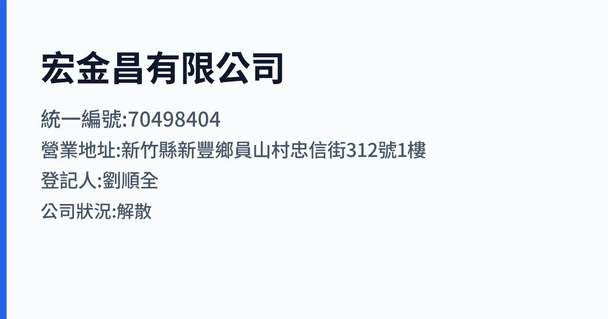 宏金昌有限公司 - 統編 70498404(新竹縣) 公司登記資料與營業項目詳細圖表