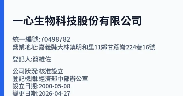 一心生物科技股份有限公司的照片-統編 70498782(嘉義縣) 公司登記資料與營業項目詳細圖表