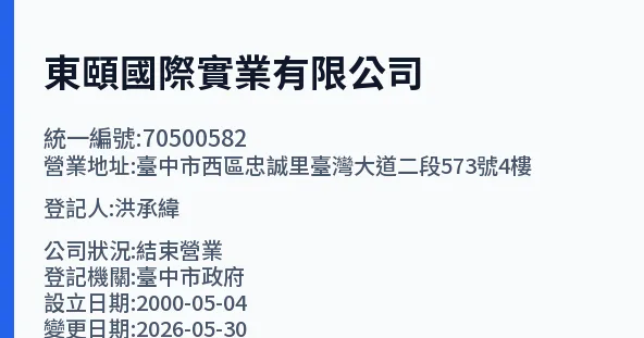 東頤國際實業有限公司的照片-統編 70500582(臺中市) 公司登記資料與營業項目詳細圖表
