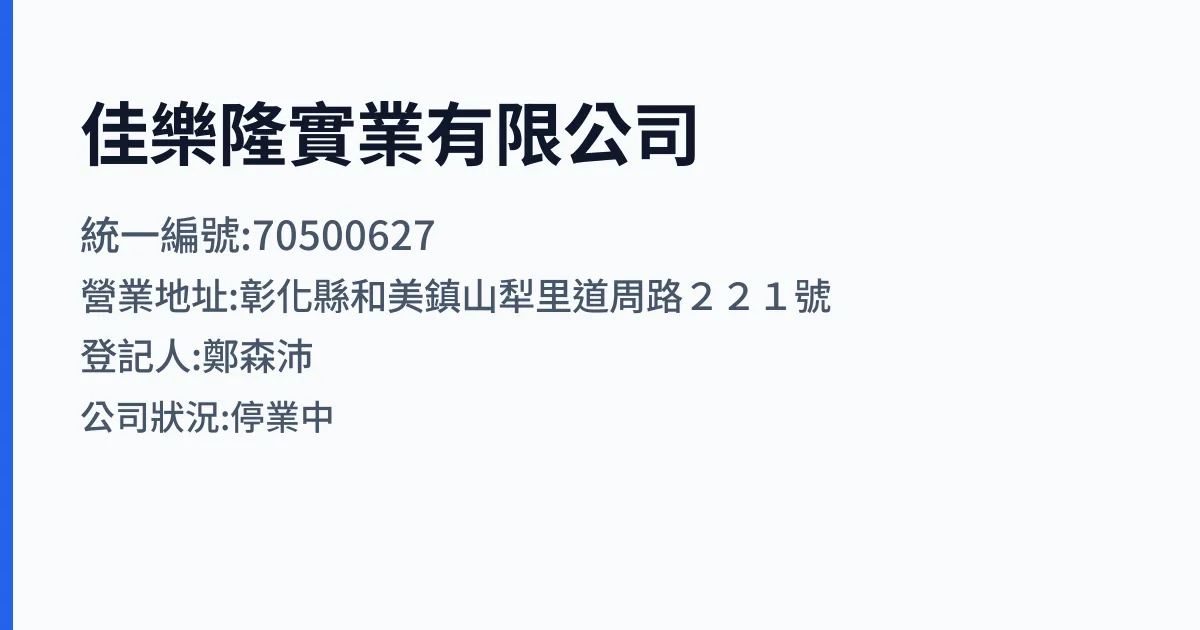 佳樂隆實業有限公司 - 統編 70500627(彰化縣) 公司登記資料與營業項目詳細圖表