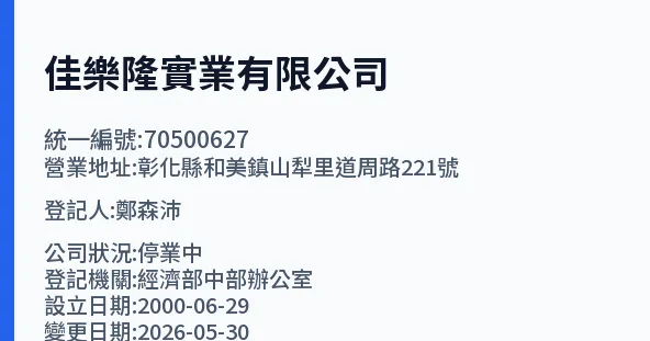 佳樂隆實業有限公司的照片-統編 70500627(彰化縣) 公司登記資料與營業項目詳細圖表