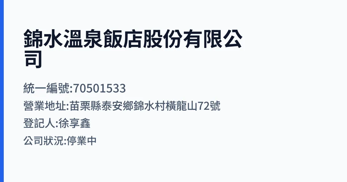 錦水溫泉飯店股份有限公司 - 統編 70501533(苗栗縣) 公司登記資料與營業項目詳細圖表