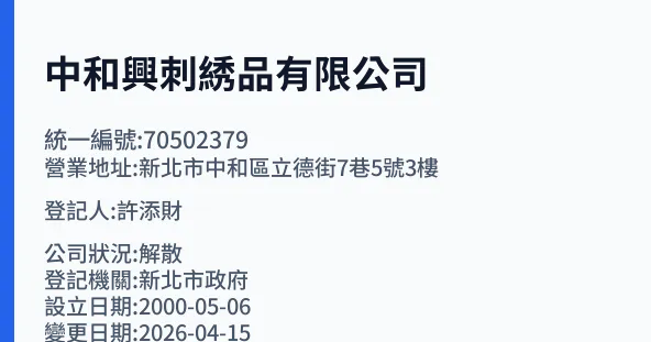 中和興刺綉品有限公司的照片-統編 70502379(新北市) 公司登記資料與營業項目詳細圖表