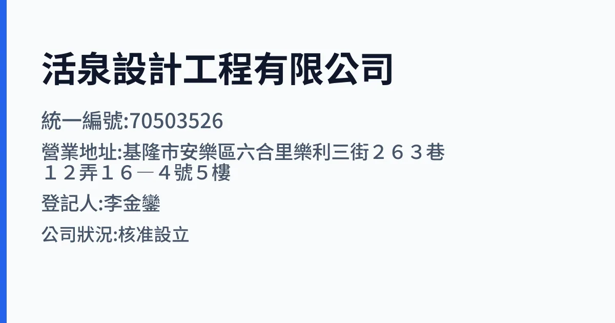 活泉設計工程有限公司 - 統編 70503526(基隆市) 公司登記資料與營業項目詳細圖表