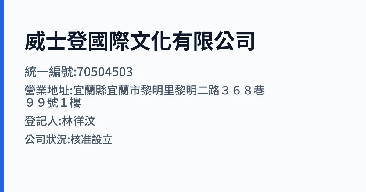 威士登國際文化有限公司 - 統編 70504503(宜蘭縣) 公司登記資料與營業項目詳細圖表