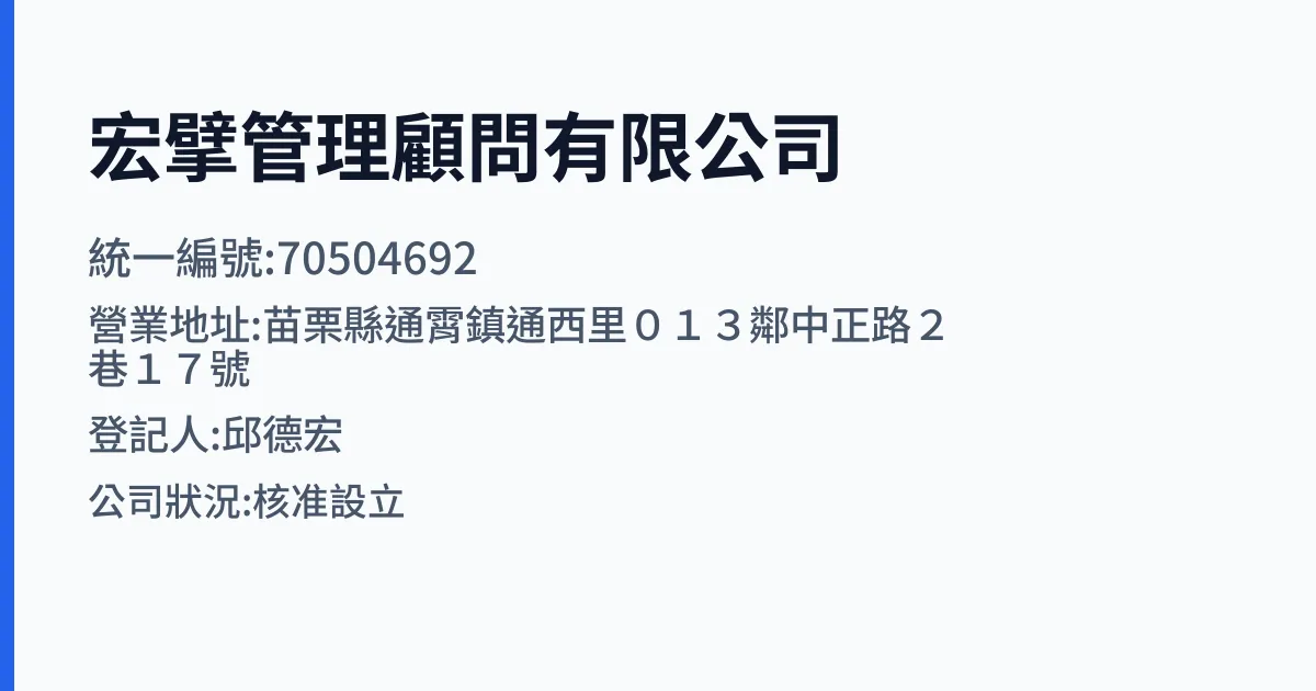 宏擘管理顧問有限公司 - 統編 70504692(苗栗縣) 公司登記資料與營業項目詳細圖表