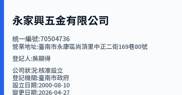 永家興五金有限公司的照片-統編 70504736(臺南市) 公司登記資料與營業項目詳細圖表