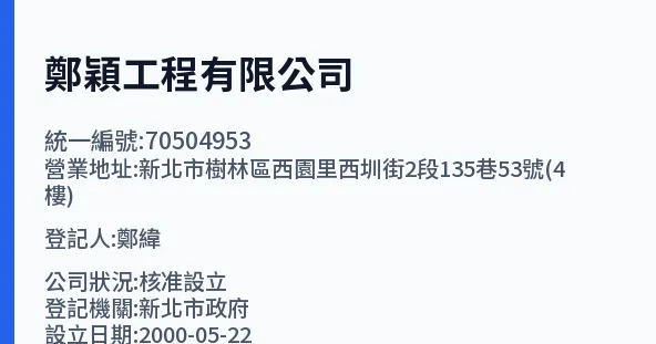 鄭穎工程有限公司的照片-統編 70504953(新北市) 公司登記資料與營業項目詳細圖表