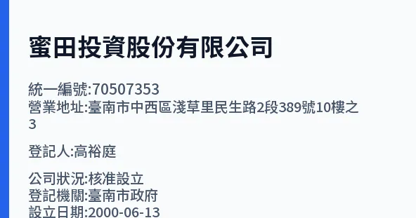 蜜田投資股份有限公司的照片-統編 70507353(臺南市) 公司登記資料與營業項目詳細圖表