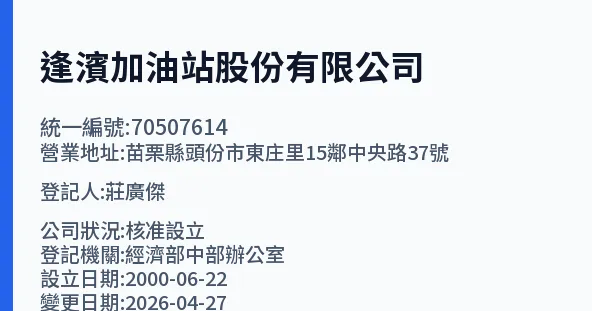 逢濱加油站股份有限公司的照片-統編 70507614(苗栗縣) 公司登記資料與營業項目詳細圖表