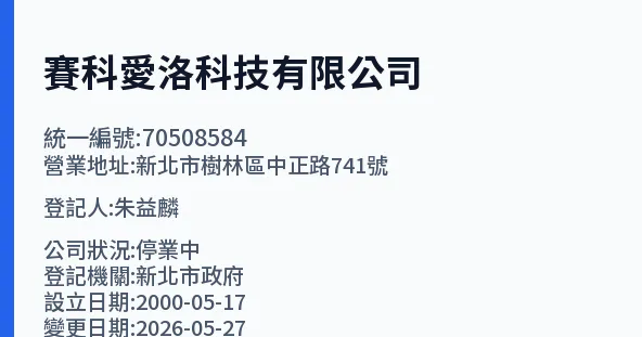 賽科愛洛科技有限公司的照片-統編 70508584(新北市) 公司登記資料與營業項目詳細圖表