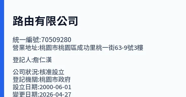 路由有限公司的照片-統編 70509280(桃園市) 公司登記資料與營業項目詳細圖表