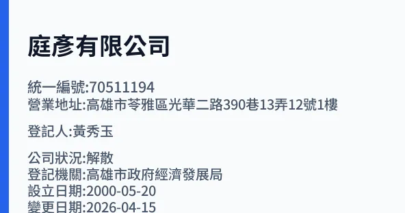 庭彥有限公司的照片-統編 70511194(高雄市) 公司登記資料與營業項目詳細圖表