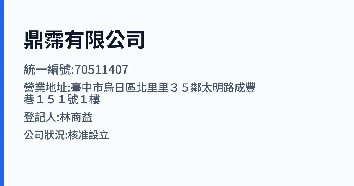 鼎霈有限公司 - 統編 70511407(臺中市) 公司登記資料與營業項目詳細圖表