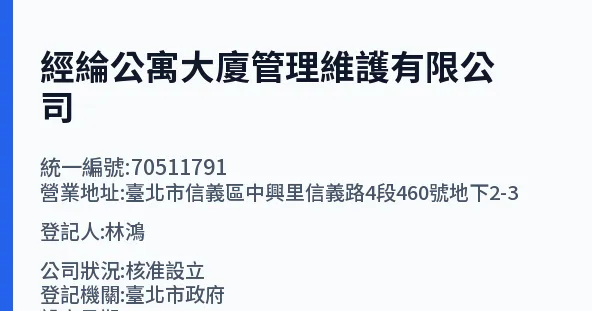 經綸公寓大廈管理維護有限公司的照片-統編 70511791(臺北市) 公司登記資料與營業項目詳細圖表