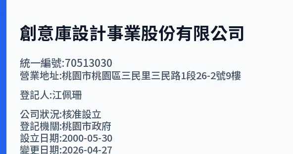 創意庫設計事業股份有限公司的照片-統編 70513030(桃園市) 公司登記資料與營業項目詳細圖表