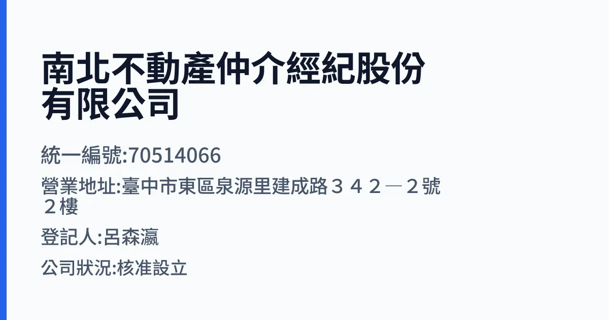 南北不動產仲介經紀股份有限公司 - 統編 70514066(臺中市) 公司登記資料與營業項目詳細圖表